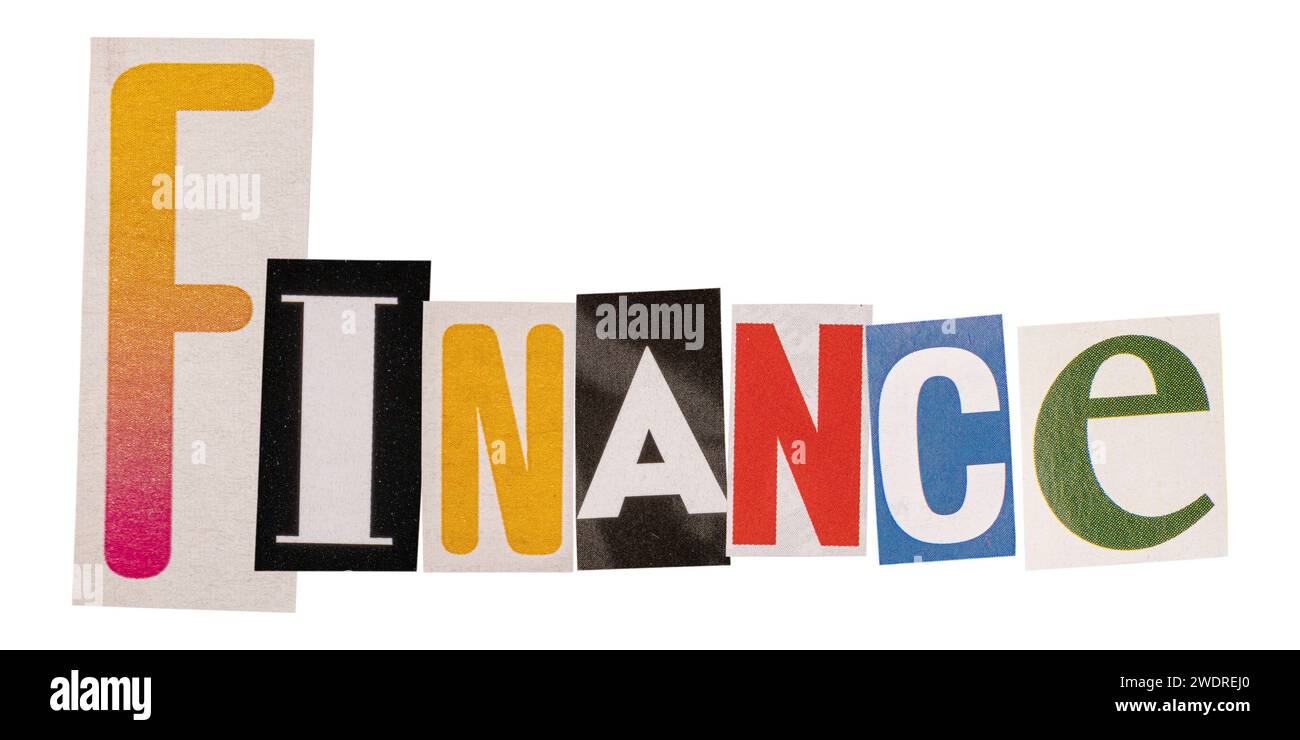 The word finance made from cutout letters from printed magazines ...
