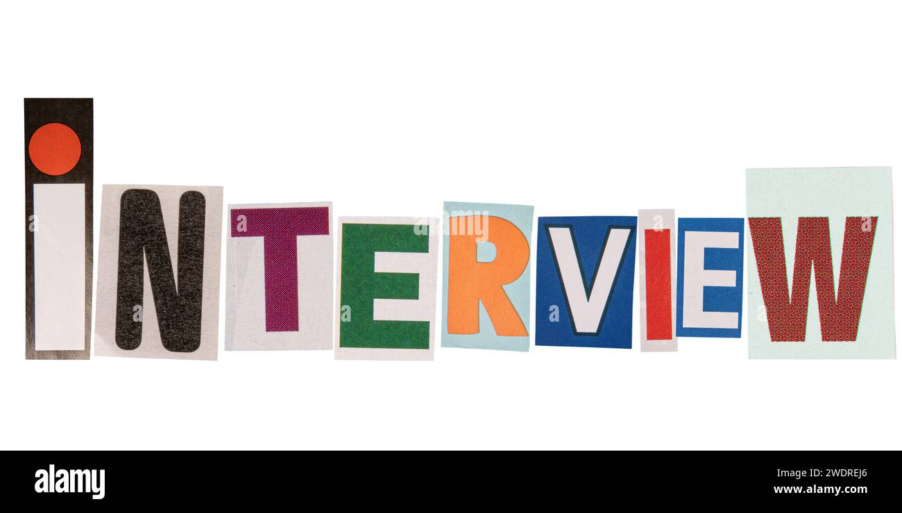 The word interview made from cutout letters from printed magazines ...