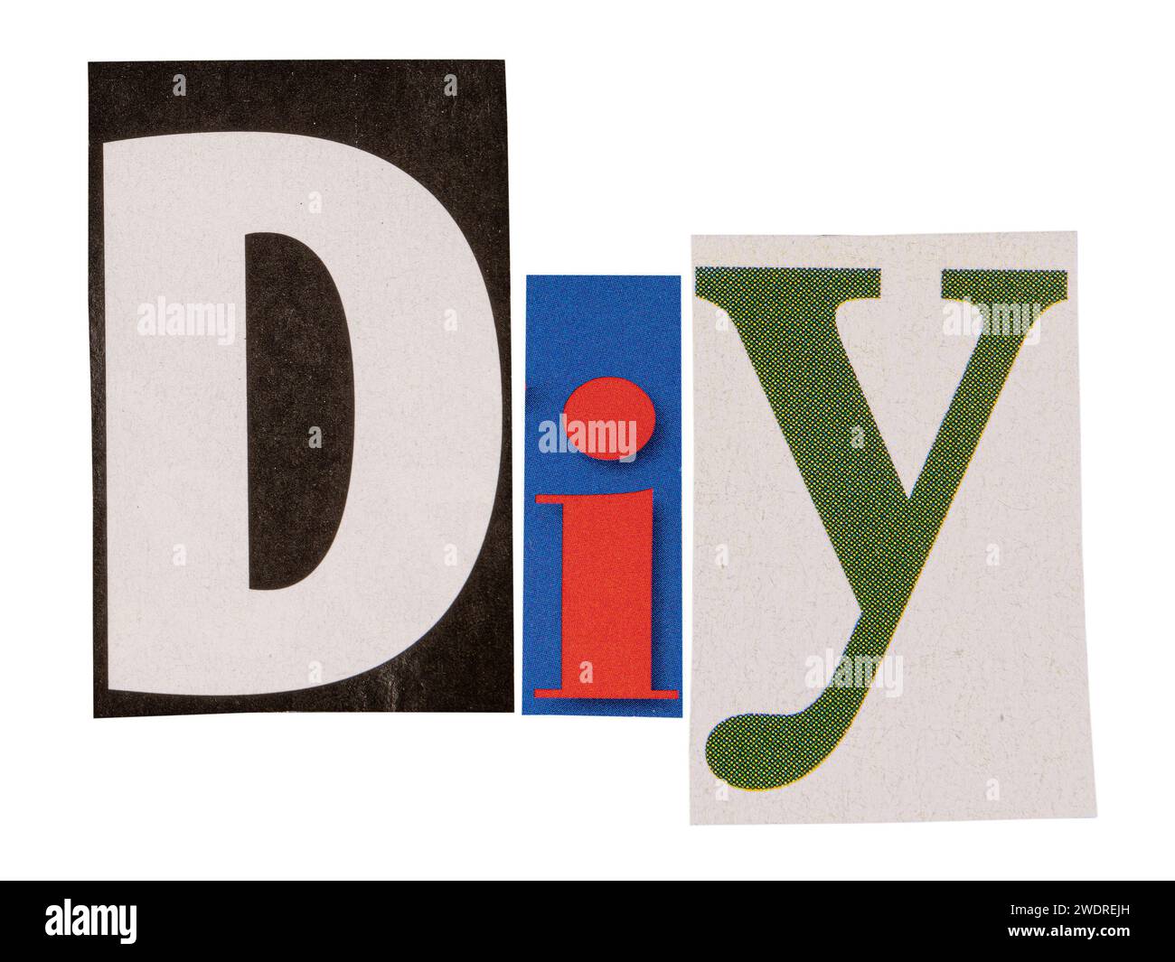 The word diy made from cutout letters from printed magazines, isolated ...