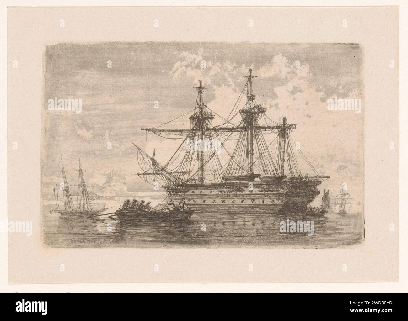 War ship with three masts, Henri François Schaefels, 1853 print paper ...