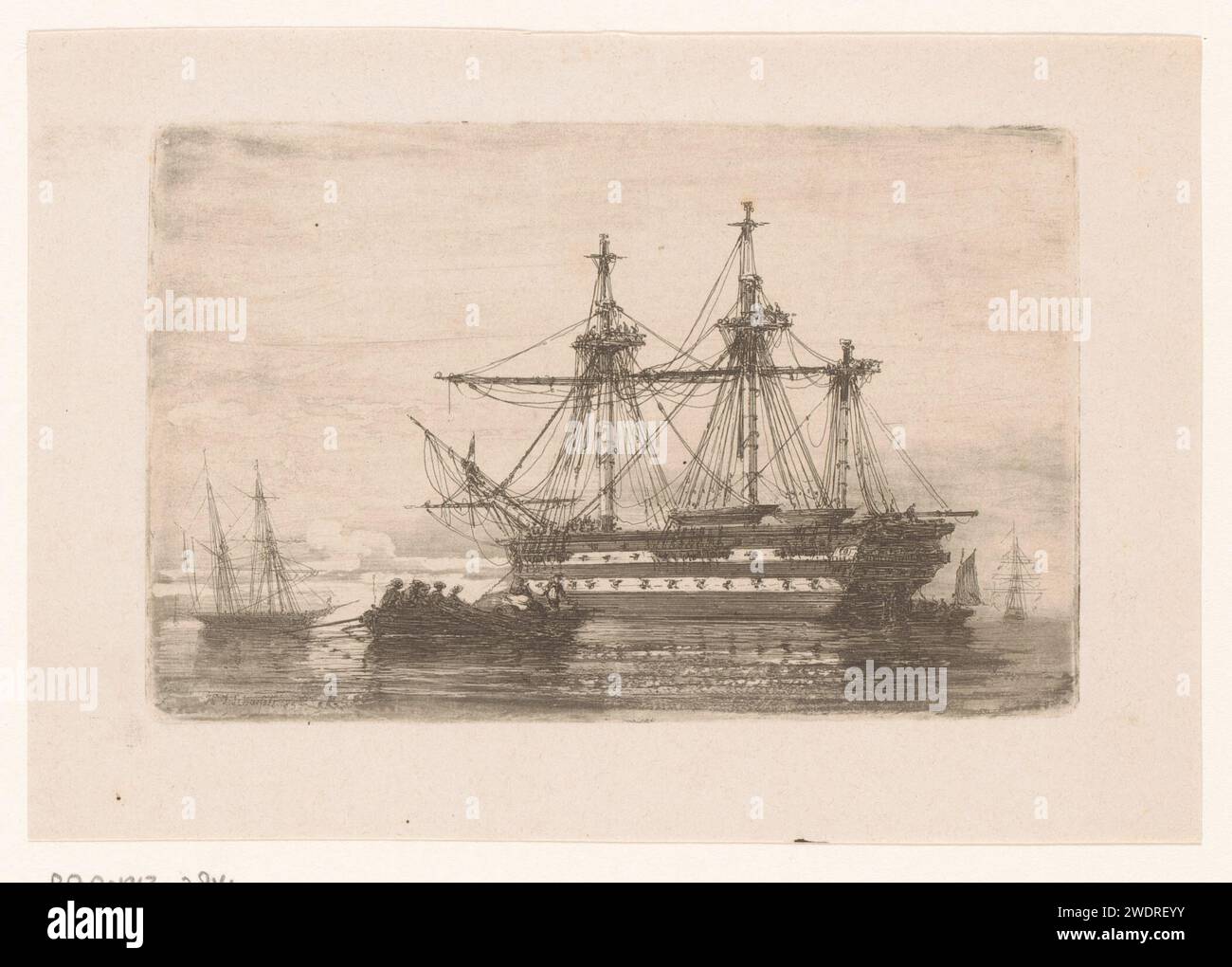 War ship with three masts, Henri François Schaefels, 1853 print paper ...