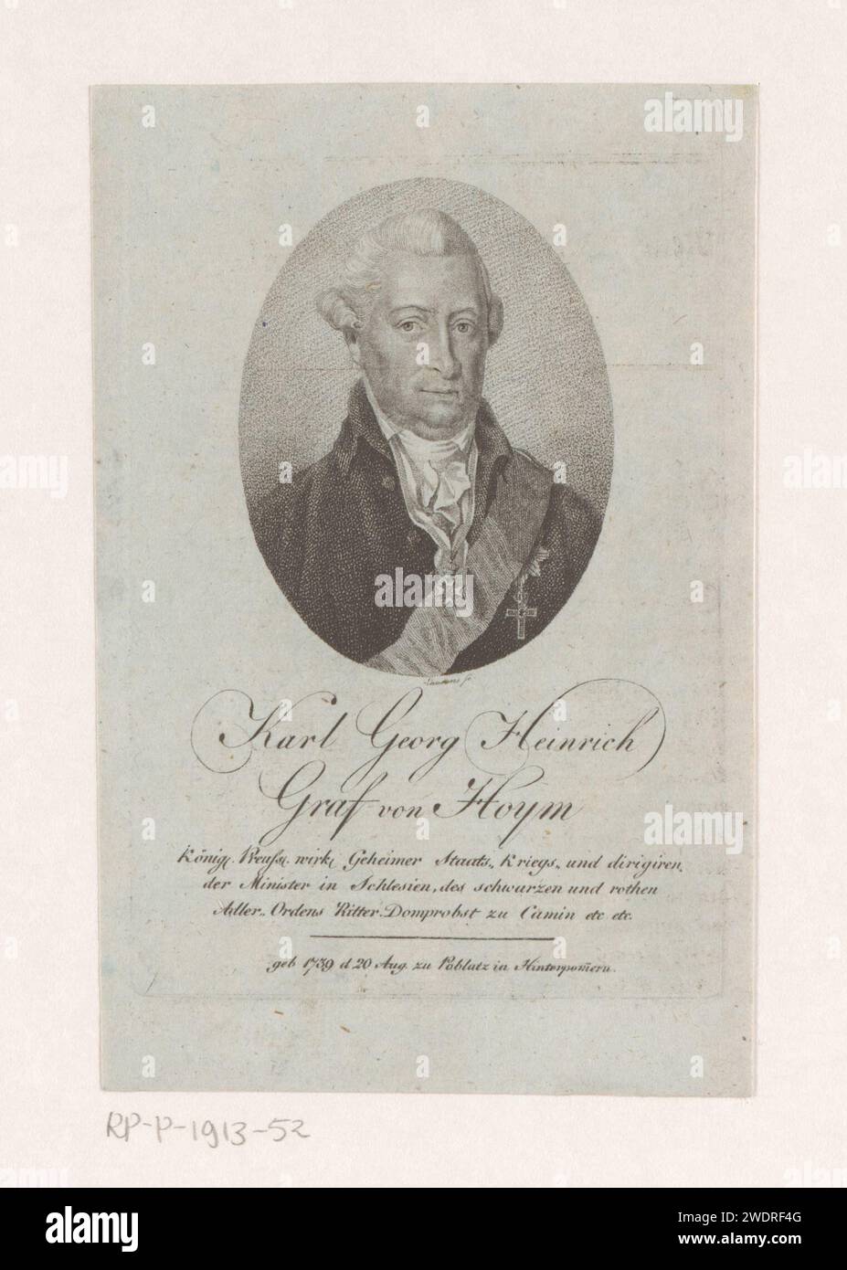 PortraT van Karl Georg Heinrich von Hoym, Johann Daniel Laurenz (II), 1803 print Text in Latin ...