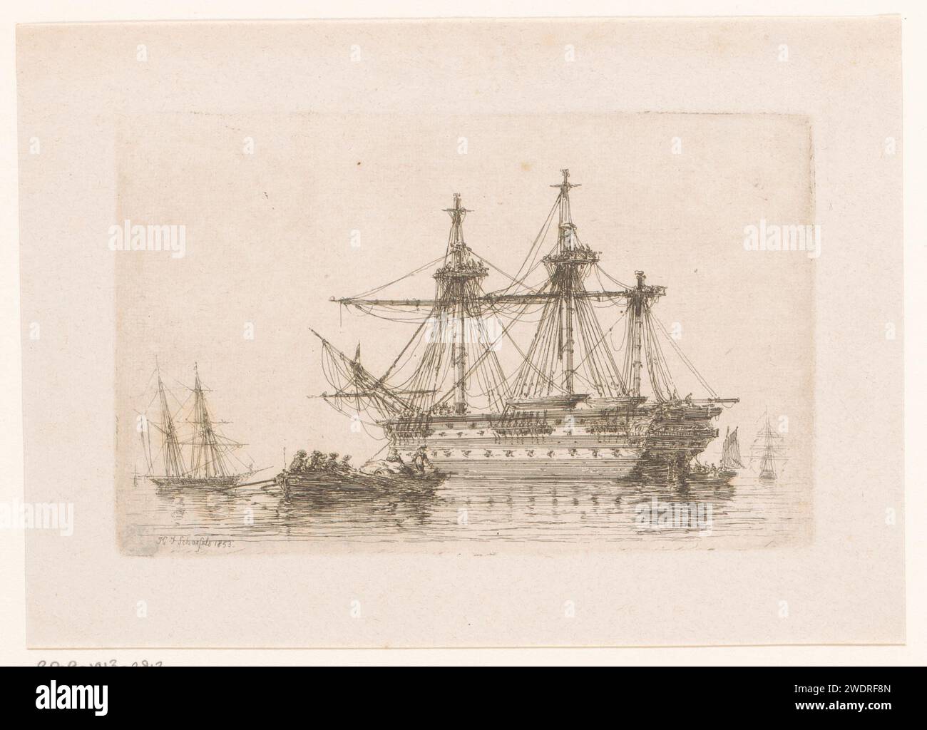 War ship with three masts, Henri François Schaefels, 1853 print paper ...