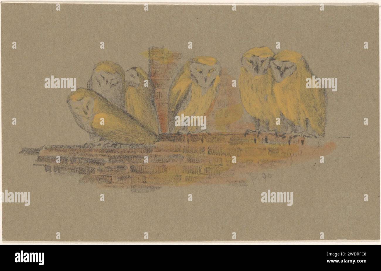 Greeting card with six owls, Theo van Hoytema, 1890 print Six owls sat ...