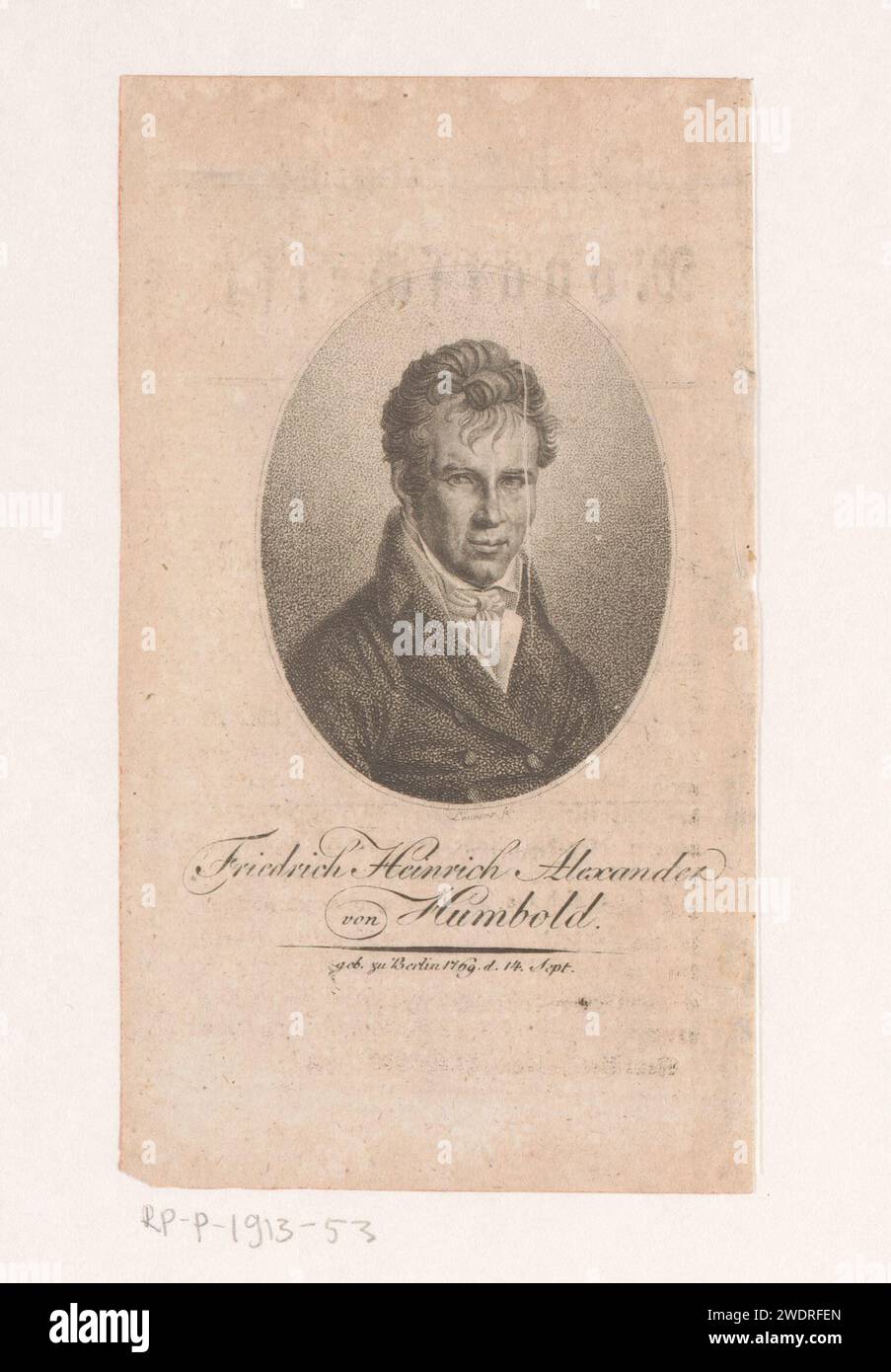 PortraT van Alexander von Humboldt, Johann Daniel Laurenz (II), 1808 print Text in German in the ...