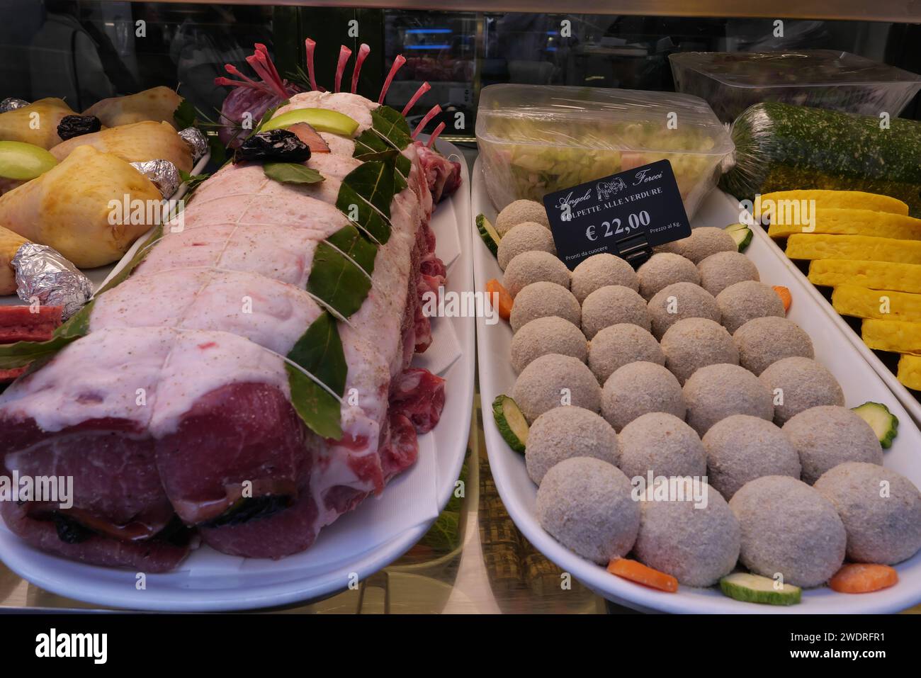 HANDMADE MEAT DISHES ON DISPLAY INSIDE THE FEROCI MEAT SHOP. FEROCI IS ...