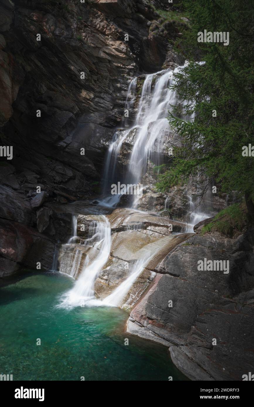 Lillaz waterfalls in summer, the topmost part. Cogne, Aosta Valley ...