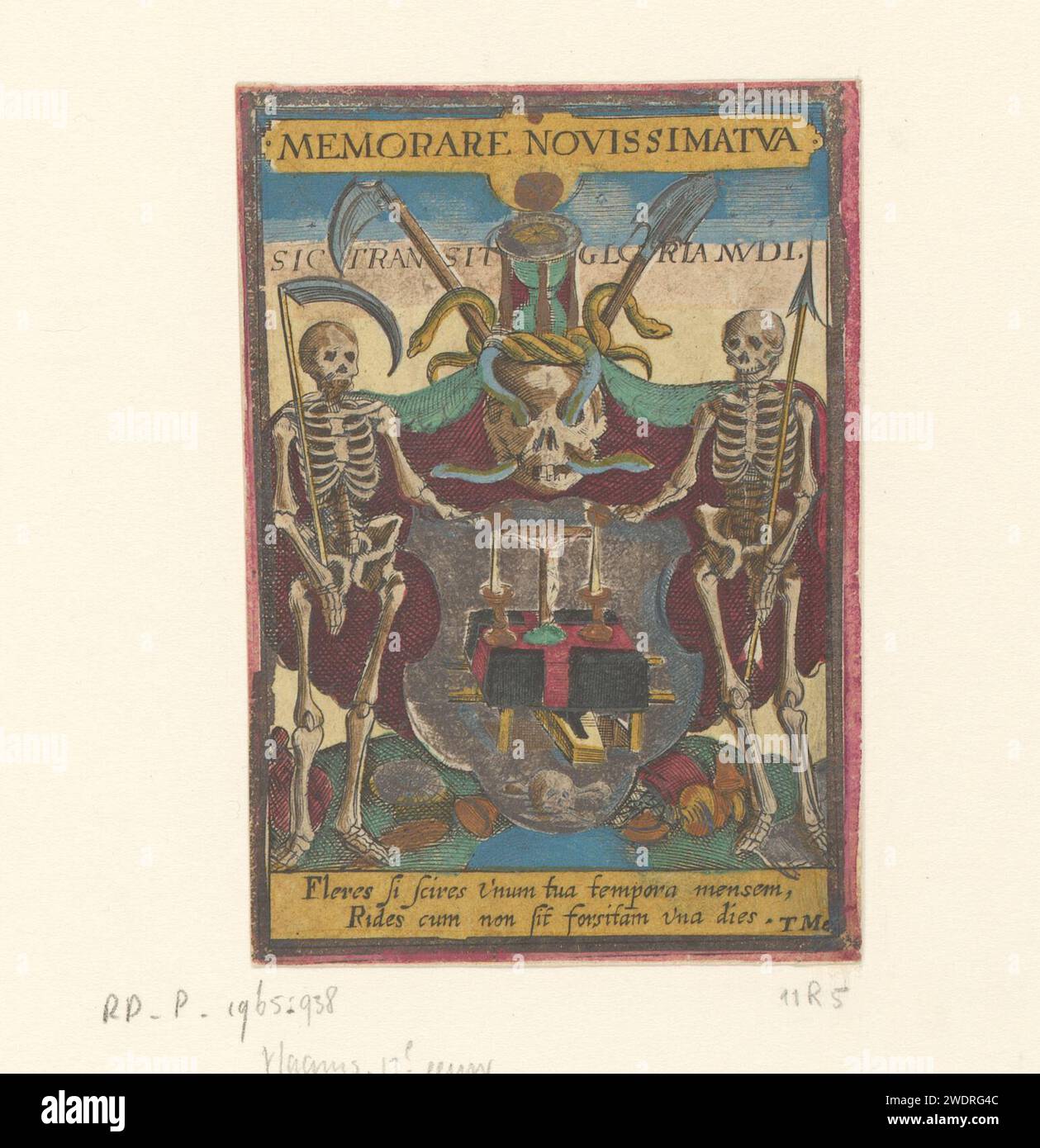Two frames on either side of skull, hourglass and crucifix, anonymous ...