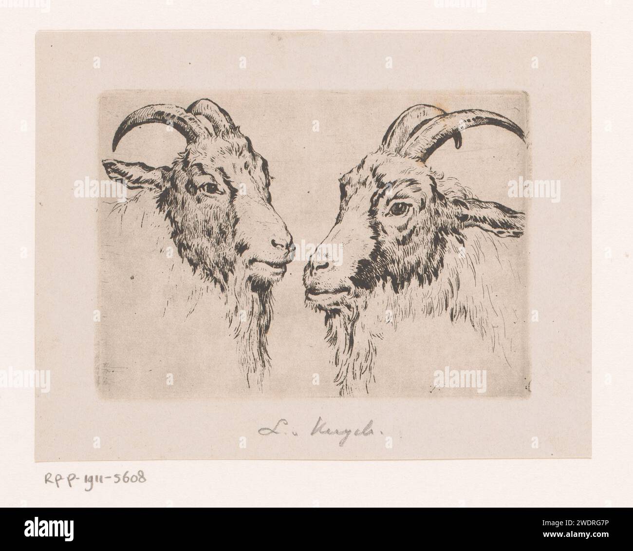 Two goat heads, Jean Louis Van Kuyck, 1862 print paper etching goat ...
