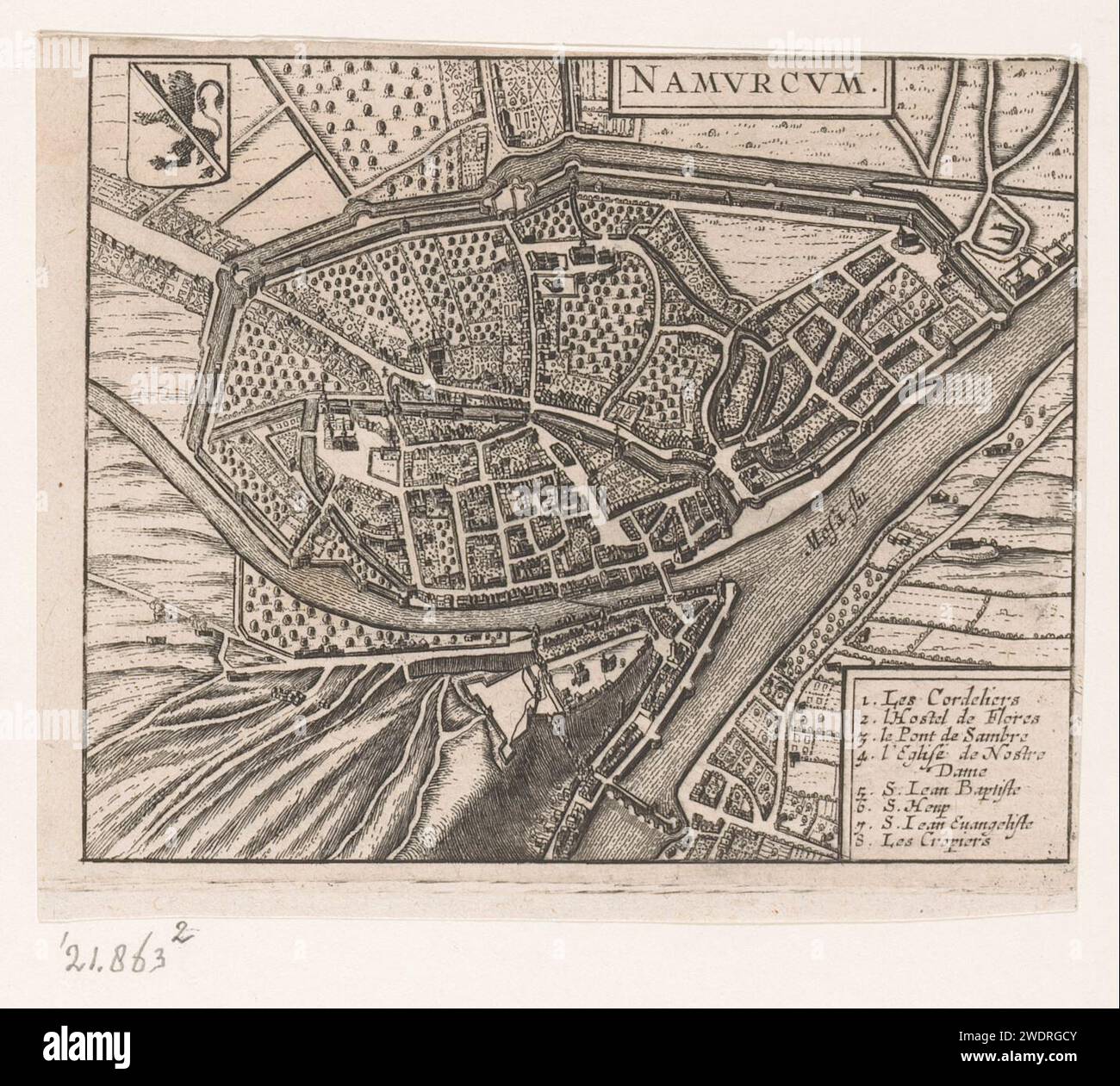 Map of Namur, Anonymous, 1652 print Amsterdam paper etching / engraving maps of cities Names ...