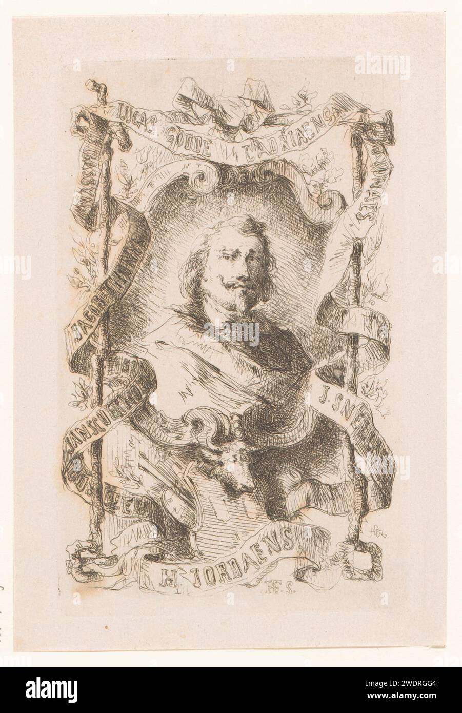 Portrait of Jacques Jordaens in a cartouche with banderol and coat of ...