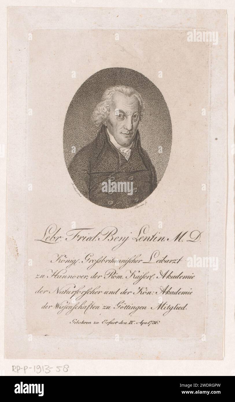 Portrait van Lebrecht Friedrich Benjamin Lentin, Johann Daniel Laurenz ...