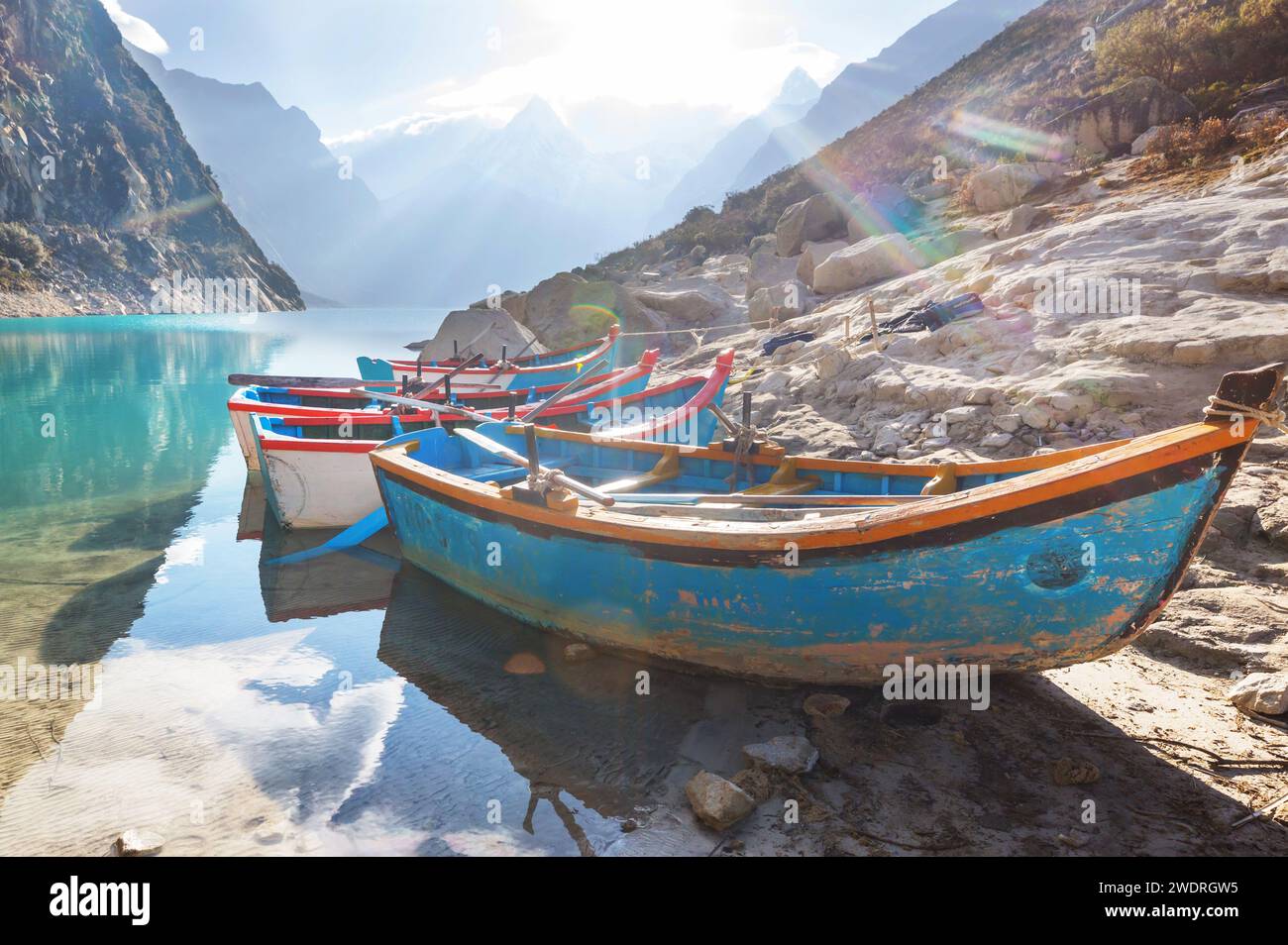 Touristic boats on the lake Paron in Cordillera Blanca, Peru, South ...