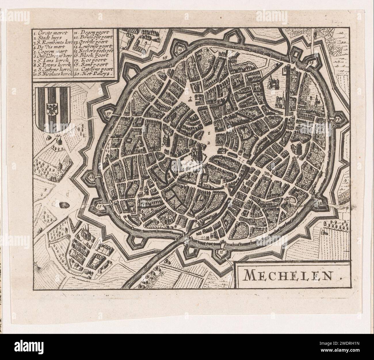 Map of the city of Mechelen, Anonymous, 1652 print Amsterdam paper ...