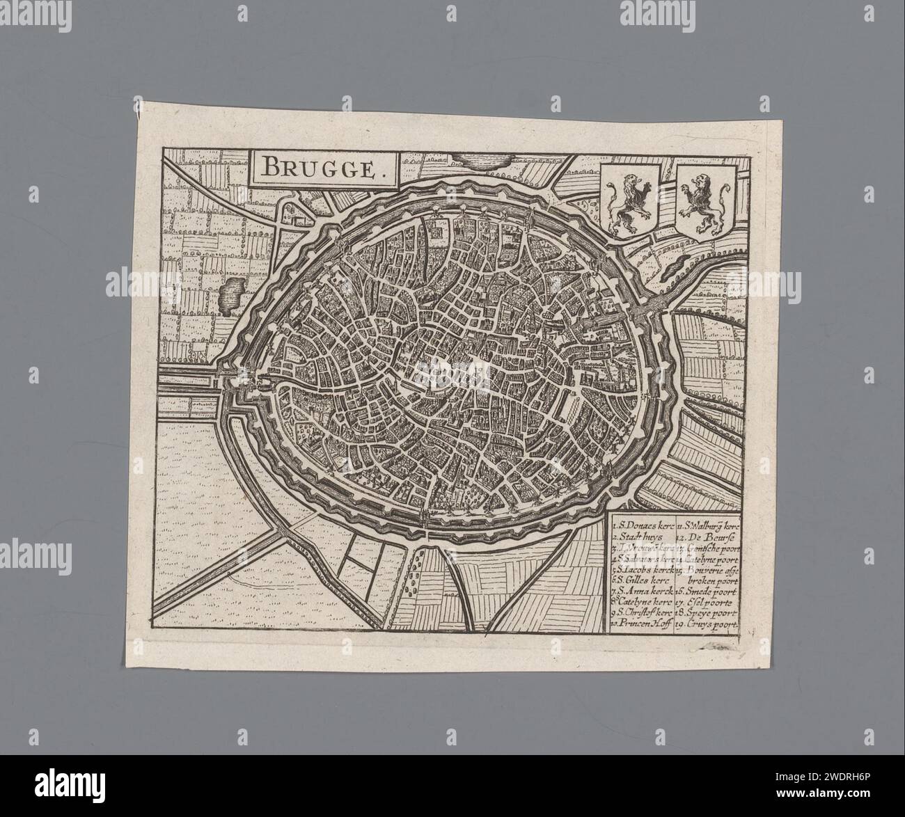 Map of Bruges, Anonymous, 1652 - 1662 print At the bottom right a legend 1-19. Amsterdam paper ...