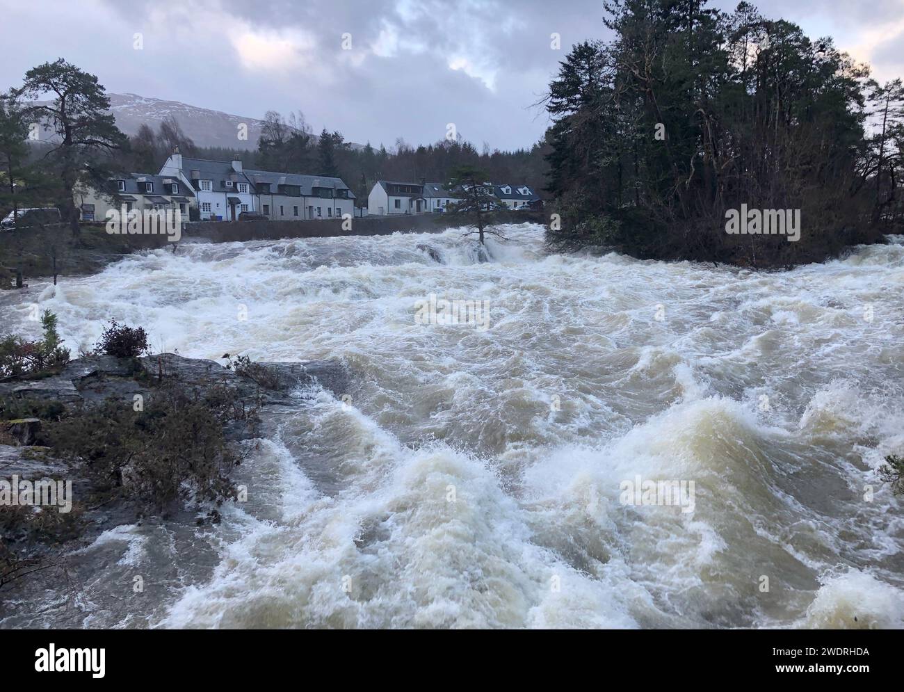 white water at the Falls of Dochart in Killin, Stirling after storm ...