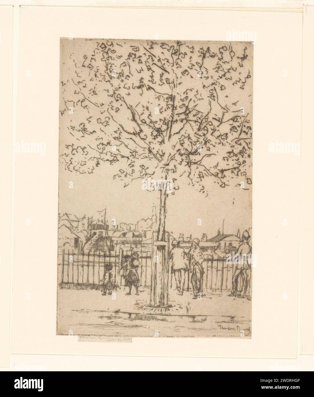 Six figures by a fence along a river, in the foreground a tree ...