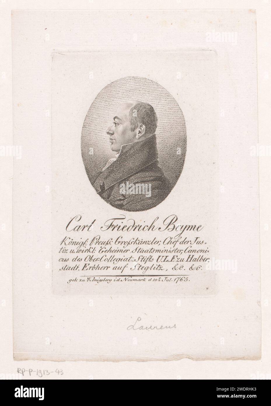 PortraT van Carl Friedrich Beyme, Johann Daniel Laurenz (II), 1810 print Text in German in the ...