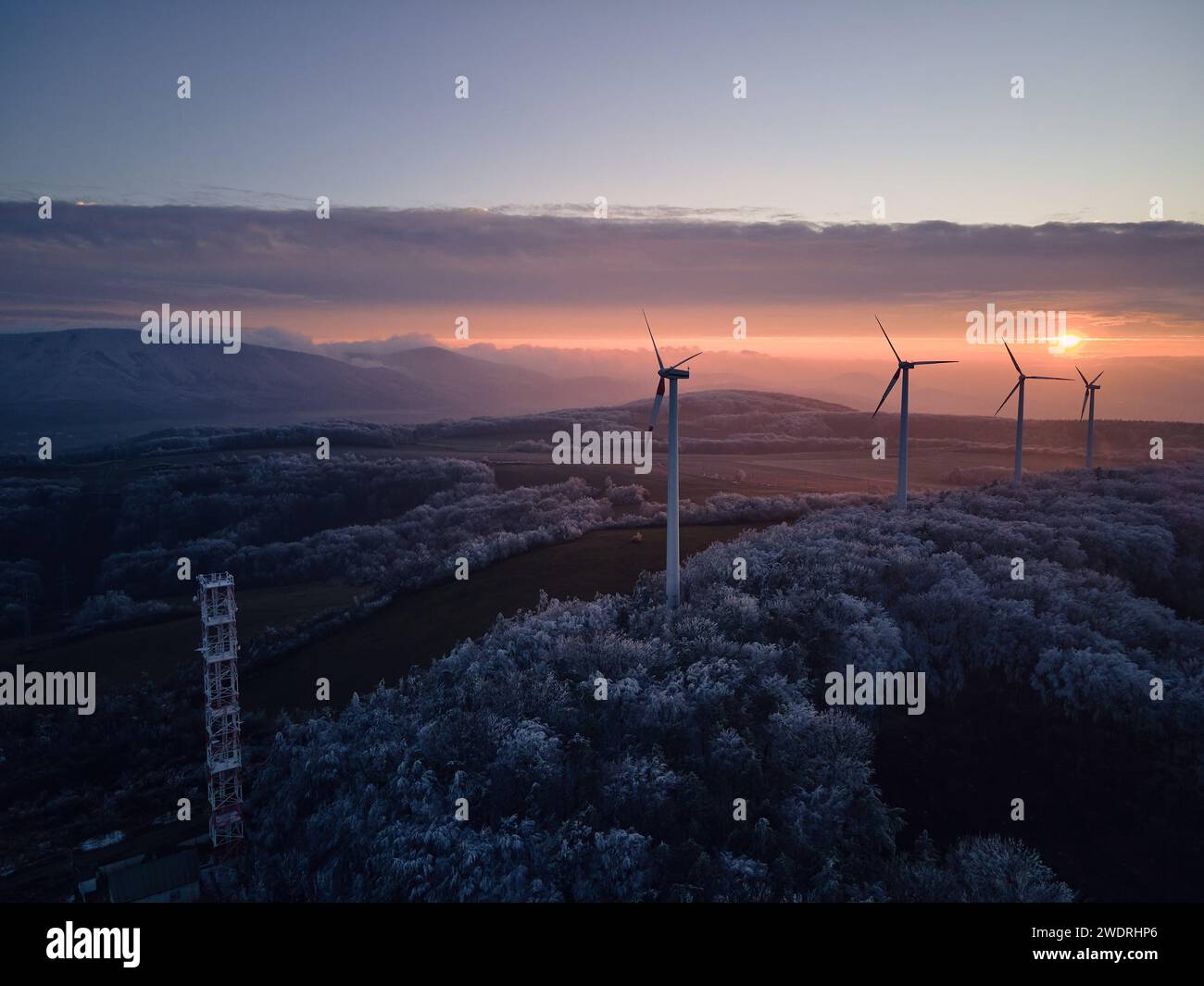 Aerial landscape photography of sunrise over frost-covered nature with ...