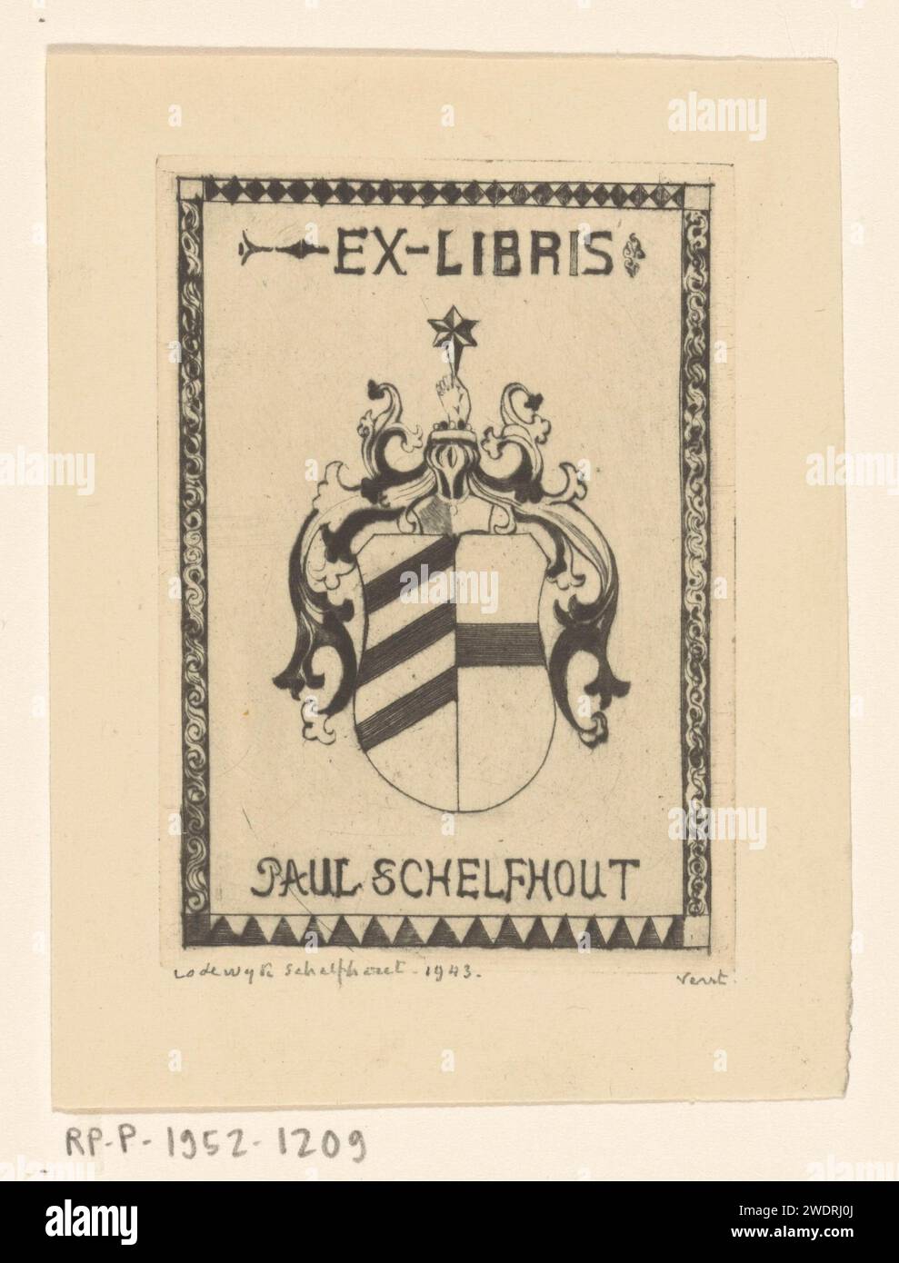 Ex Libris van Paul Schelfhout, Lodewijk Schelfhout, 1943 print A coat ...