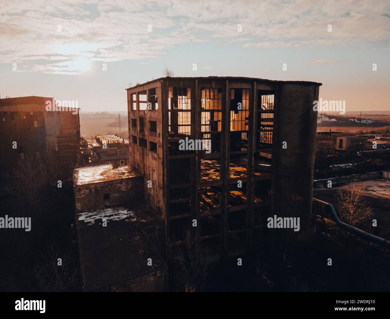 Aerial view of old abandoned building, skyscraper in the city. Old ...