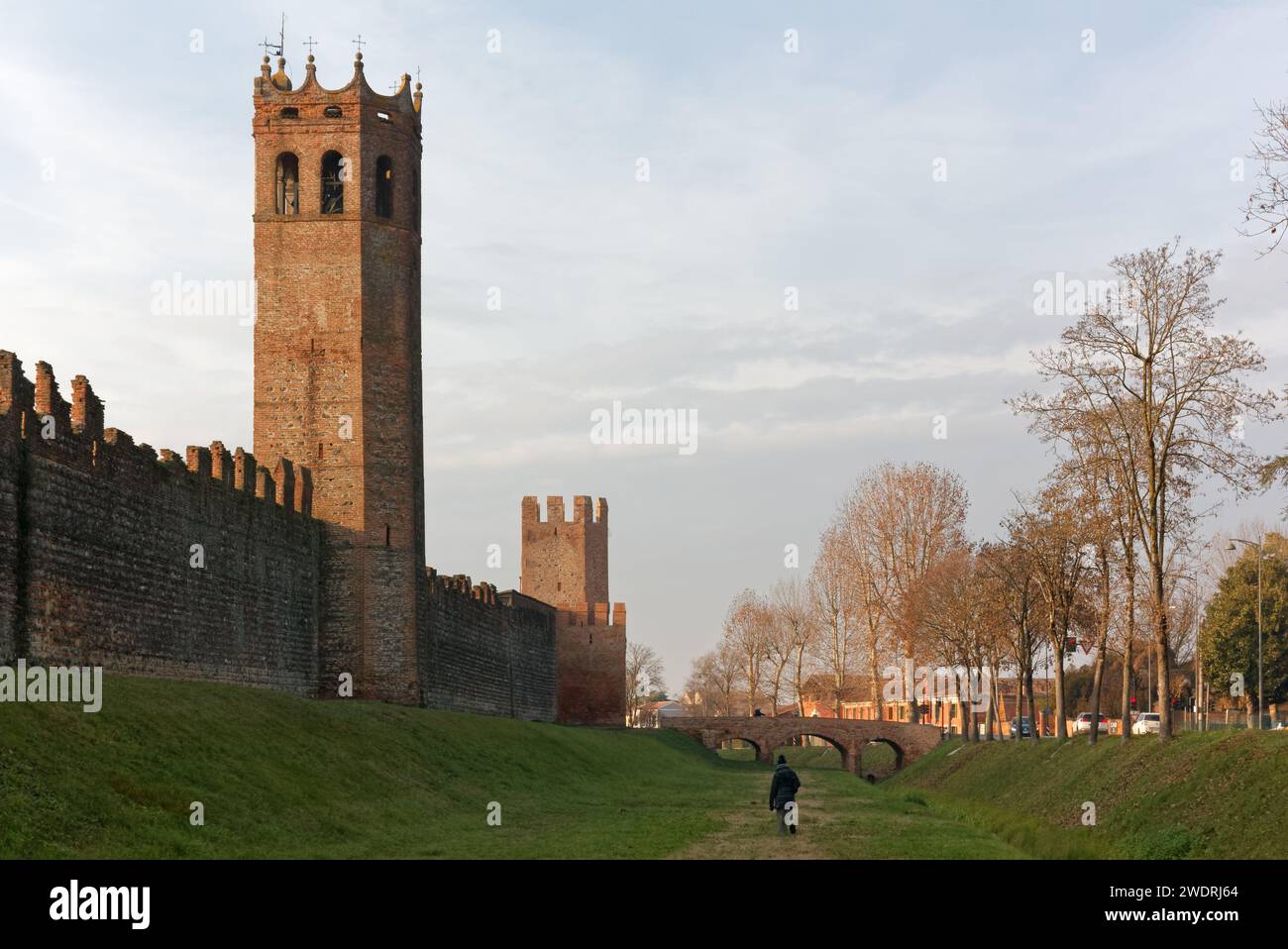 Footpath around the medieval walls of Montagnana, Italy, one of the ...