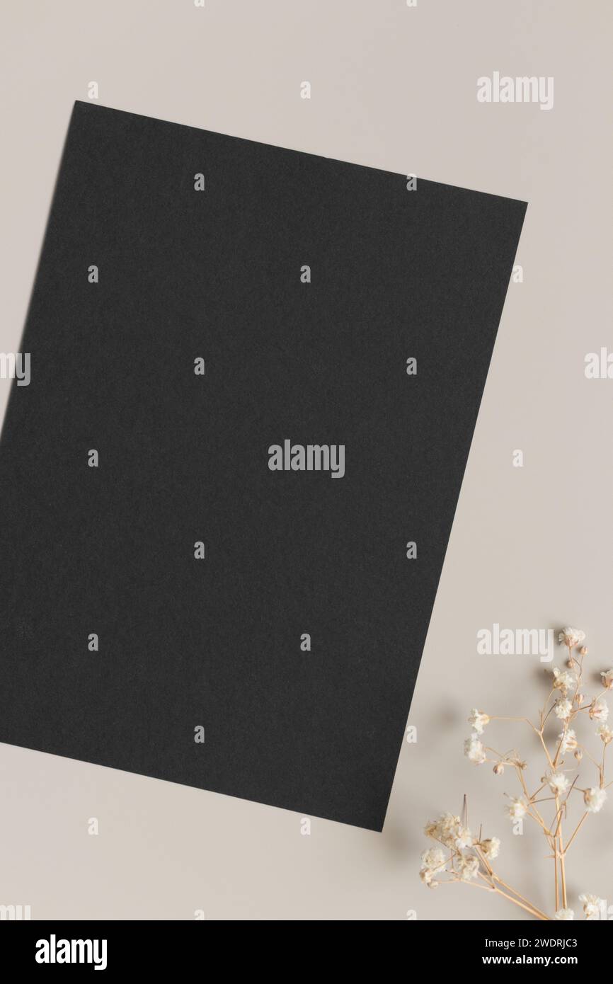 Invitation black card mockup with a gypsophila. 5x7 ratio, similar to ...
