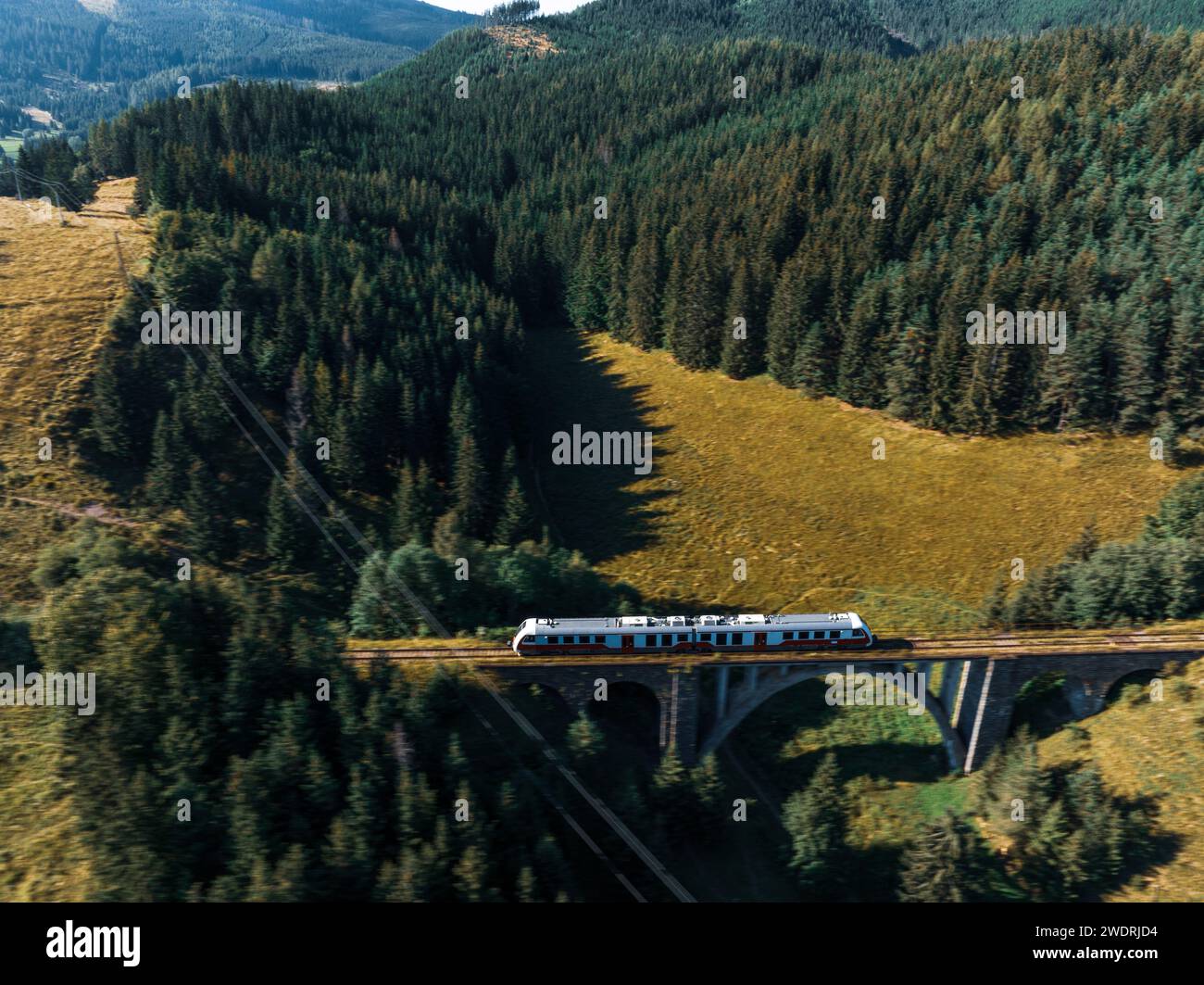 Aerial view of train on historical stone railway bridge in Slovakia ...