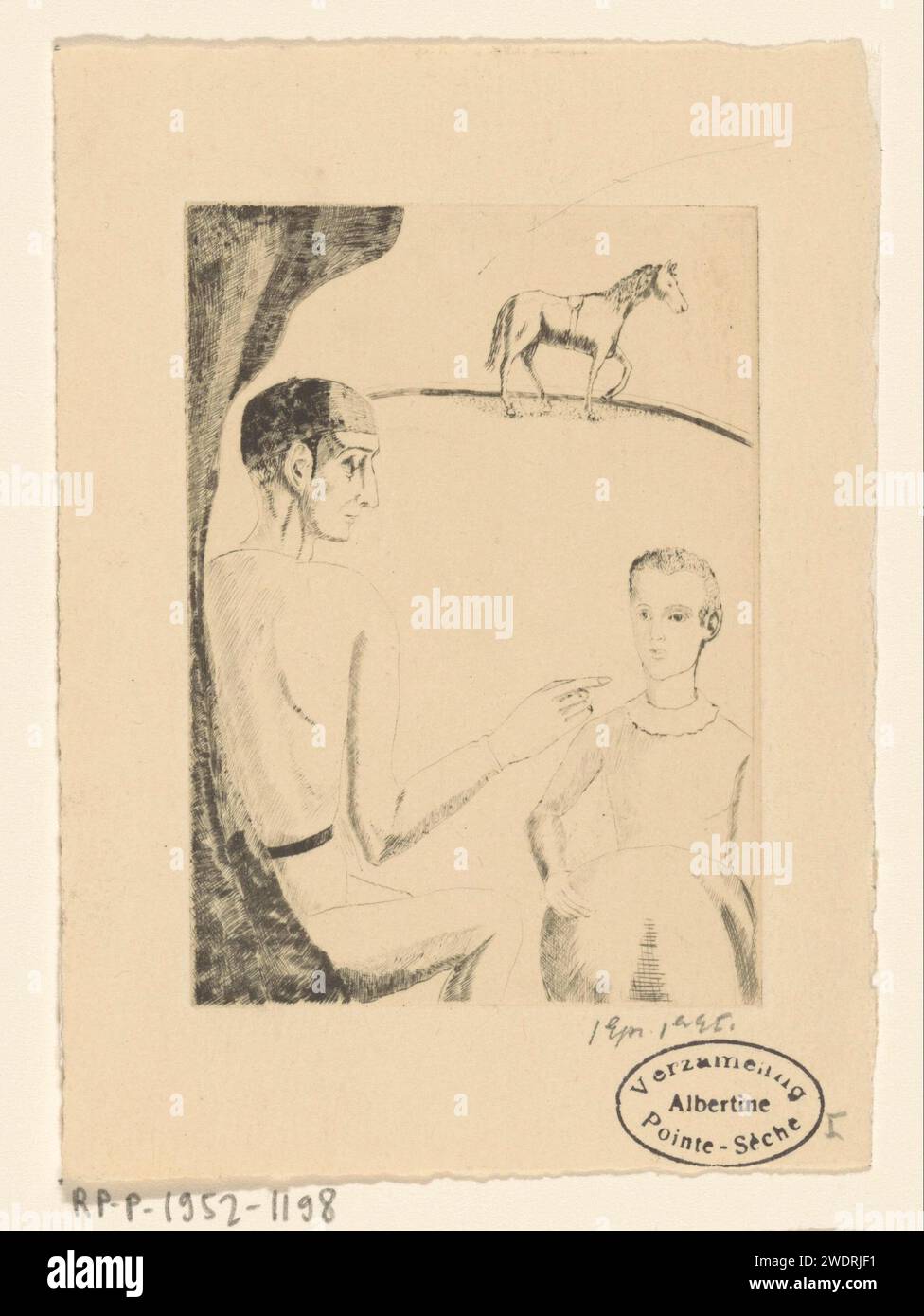 Two acrobats at a circus gun with horse, Lodewijk Schelfhout, 1942 print paper drypoint acrobat ...