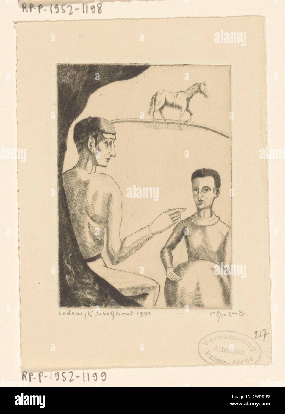 Two acrobats at a circus gun with horse, Lodewijk Schelfhout, 1942 print paper drypoint acrobat ...