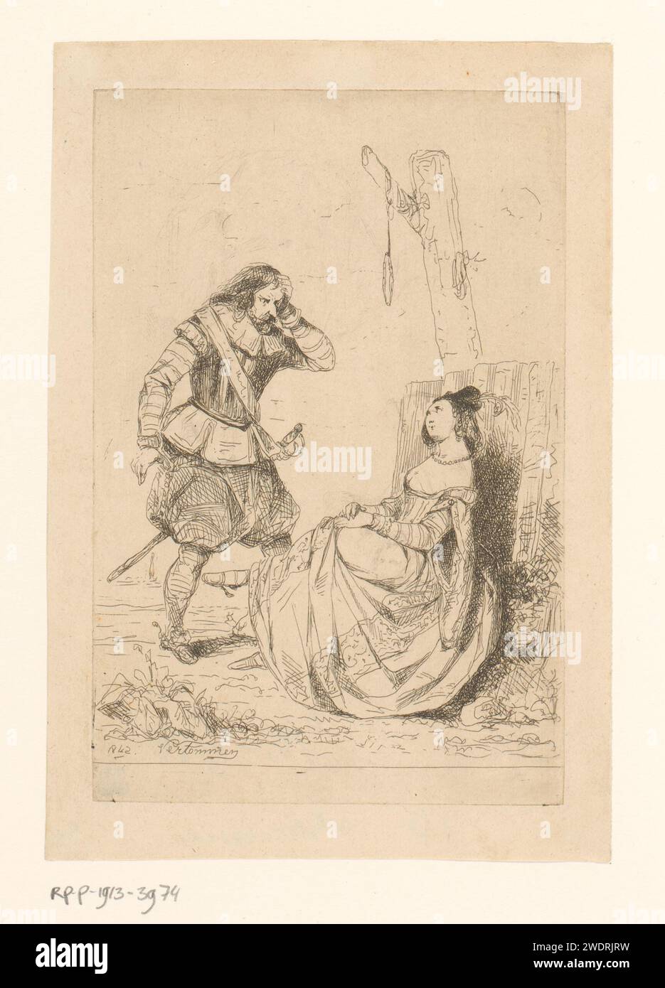 Krijgsman is seated with a woman under a gallows, Guillaume Joseph ...