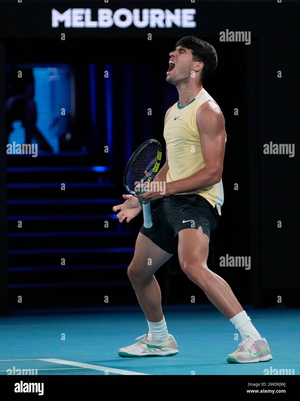 Carlos Alcaraz of Spain reacts his fourth round match against Miomir Kecmanovic of Serbia at the ...
