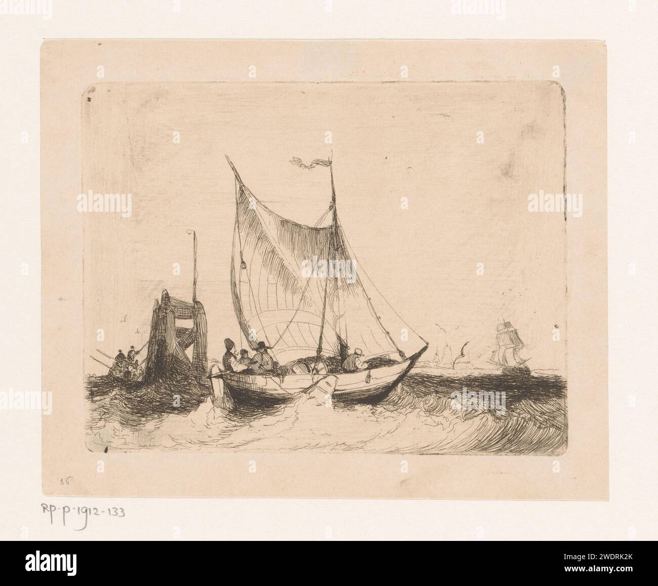 Seascape with sailboat and beacon, Egidius Linnig, 1842 print paper ...