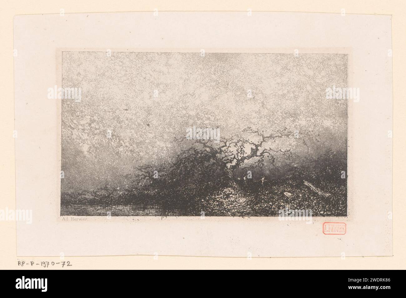 Landscape with a tree near a pool, Louis-Adolphe Hervier, 1843 print ...