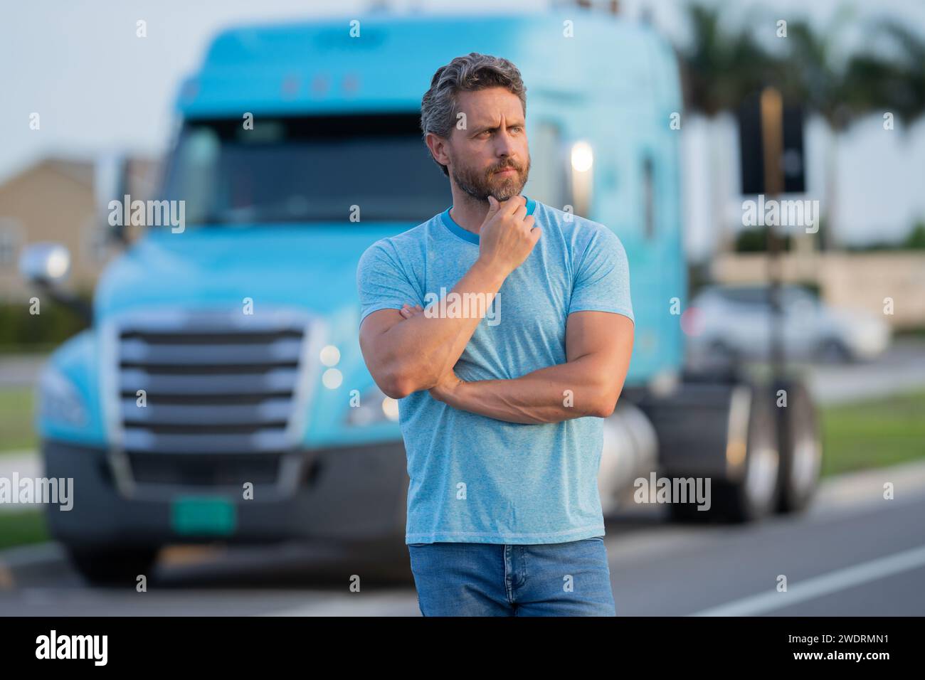 Hispanic driver near lorry truck. Man owner truck driver. Handsome ...