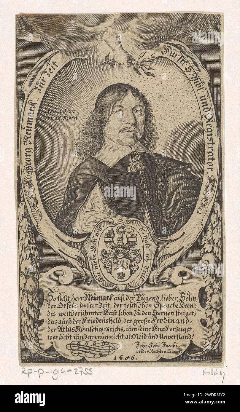 Portrait van Georg Neumark, Johann Dürr, 1656 print With praise in ...