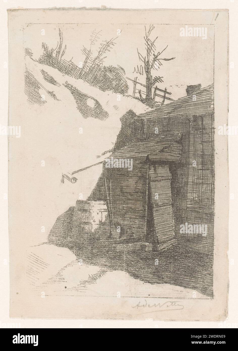 Yard with rain barrel, Adrien de Witte, 1876 print paper etching wooden ...