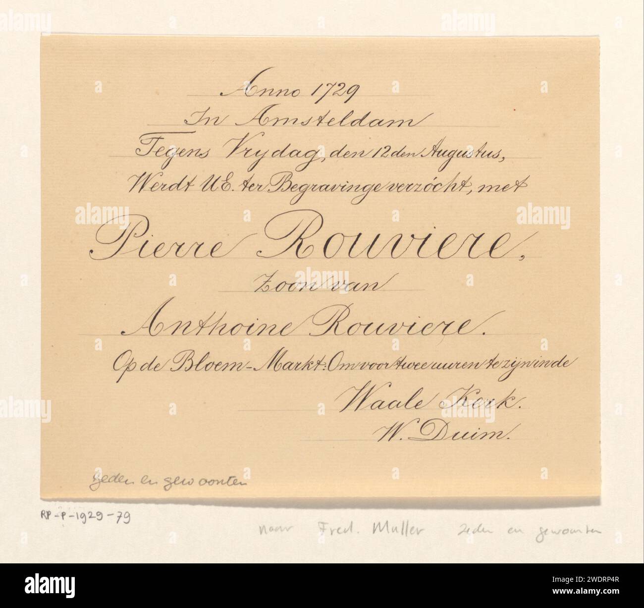 Funeral letter in the name of Pierre Rouviere, 1729, Anonymous, 1729 ...