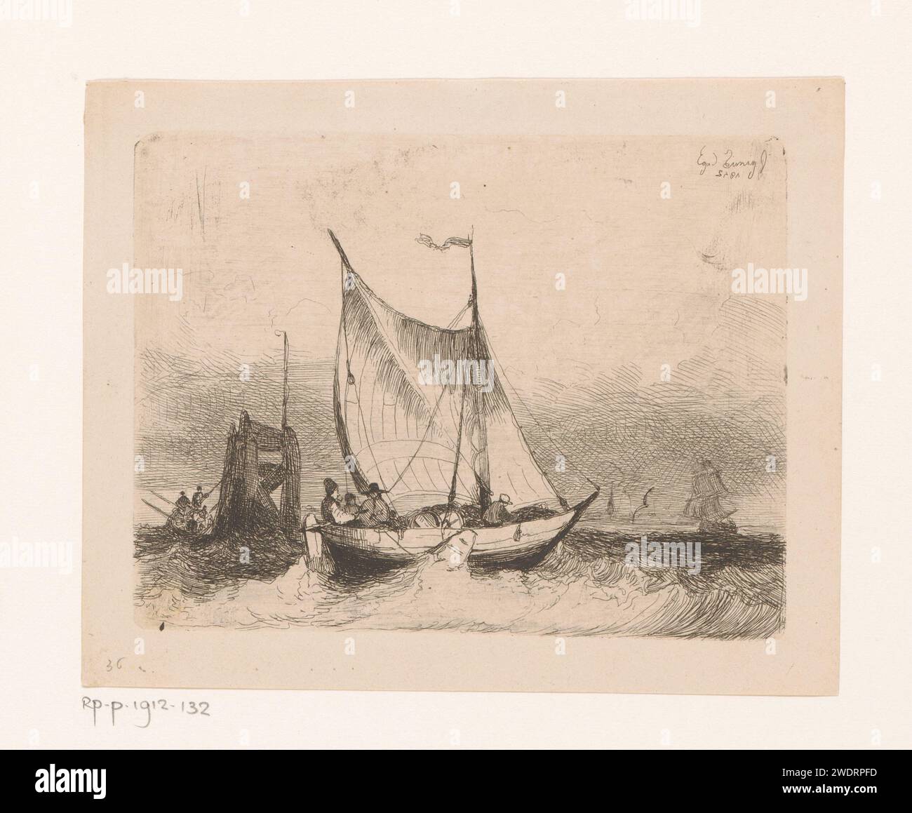 Seascape with sailboat and beacon, Egidius Linnig, 1842 print paper ...