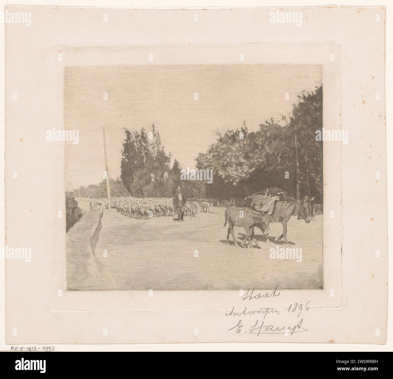 Shepherd with herd sheep and two donkeys, Emile Pierre Maria Spruyt ...