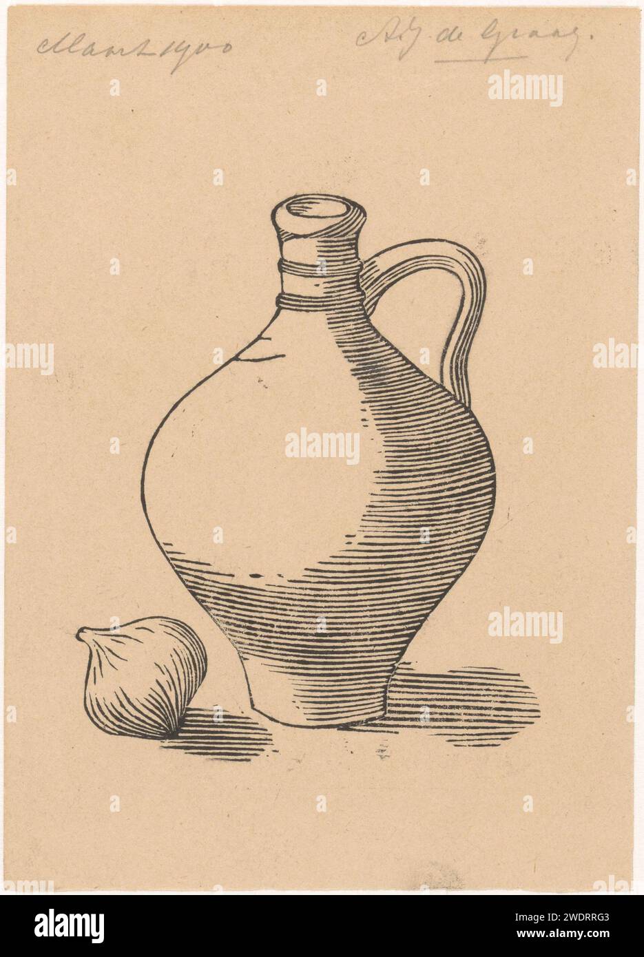 Still life with jug and onion, Julie de Graag, 1900 print paper container of ceramics: jar, jug ...