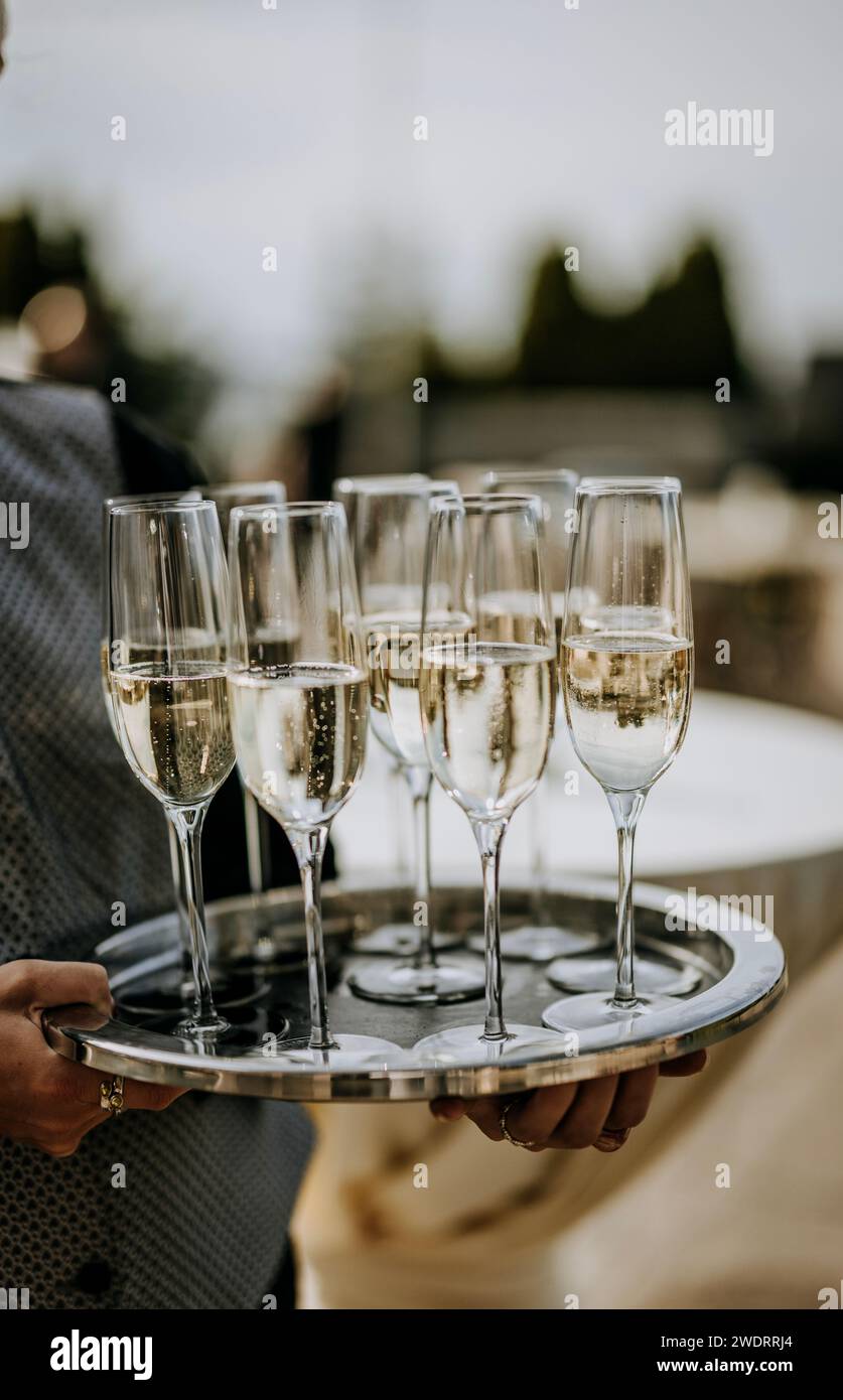 a tray of bubbling champagne flutes at a wedding reception Stock Photo ...