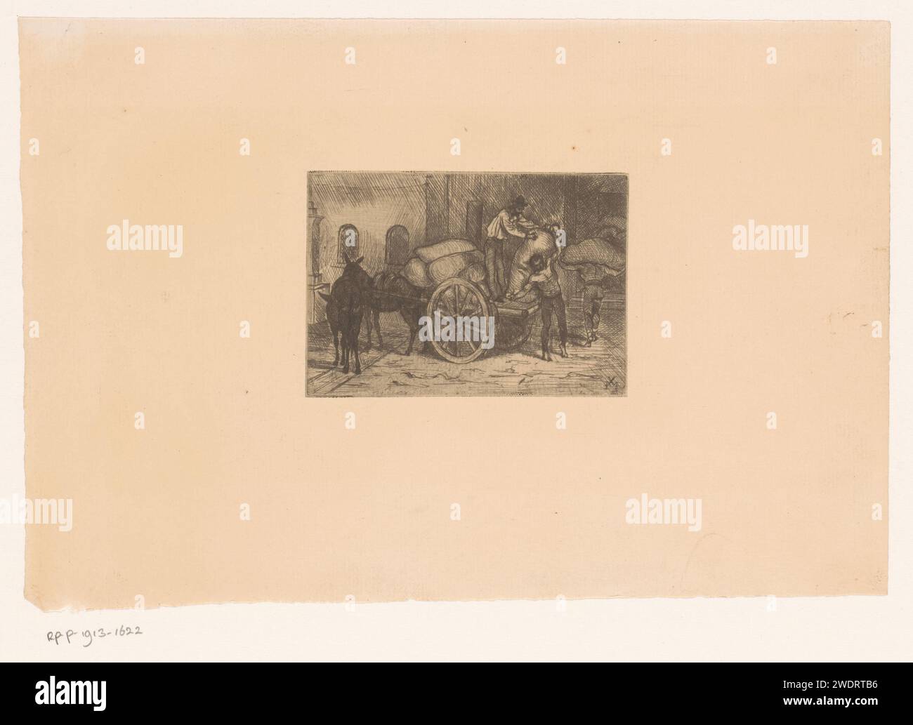 Men load down sink from a car pulled by mules, Xavier Mellery, 1855 ...