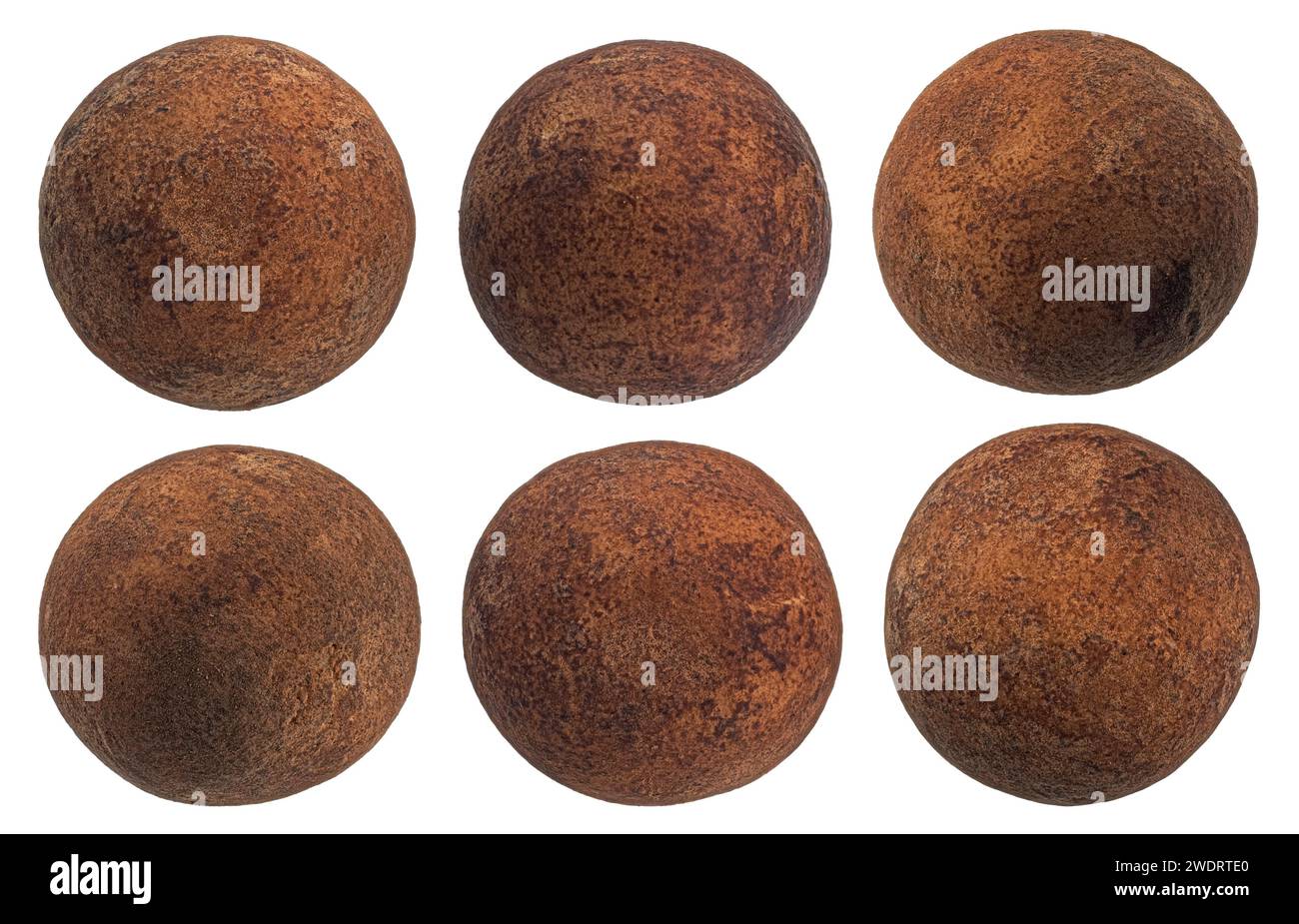 Round candies coated with cocoa powder with marzipan filling isolated ...