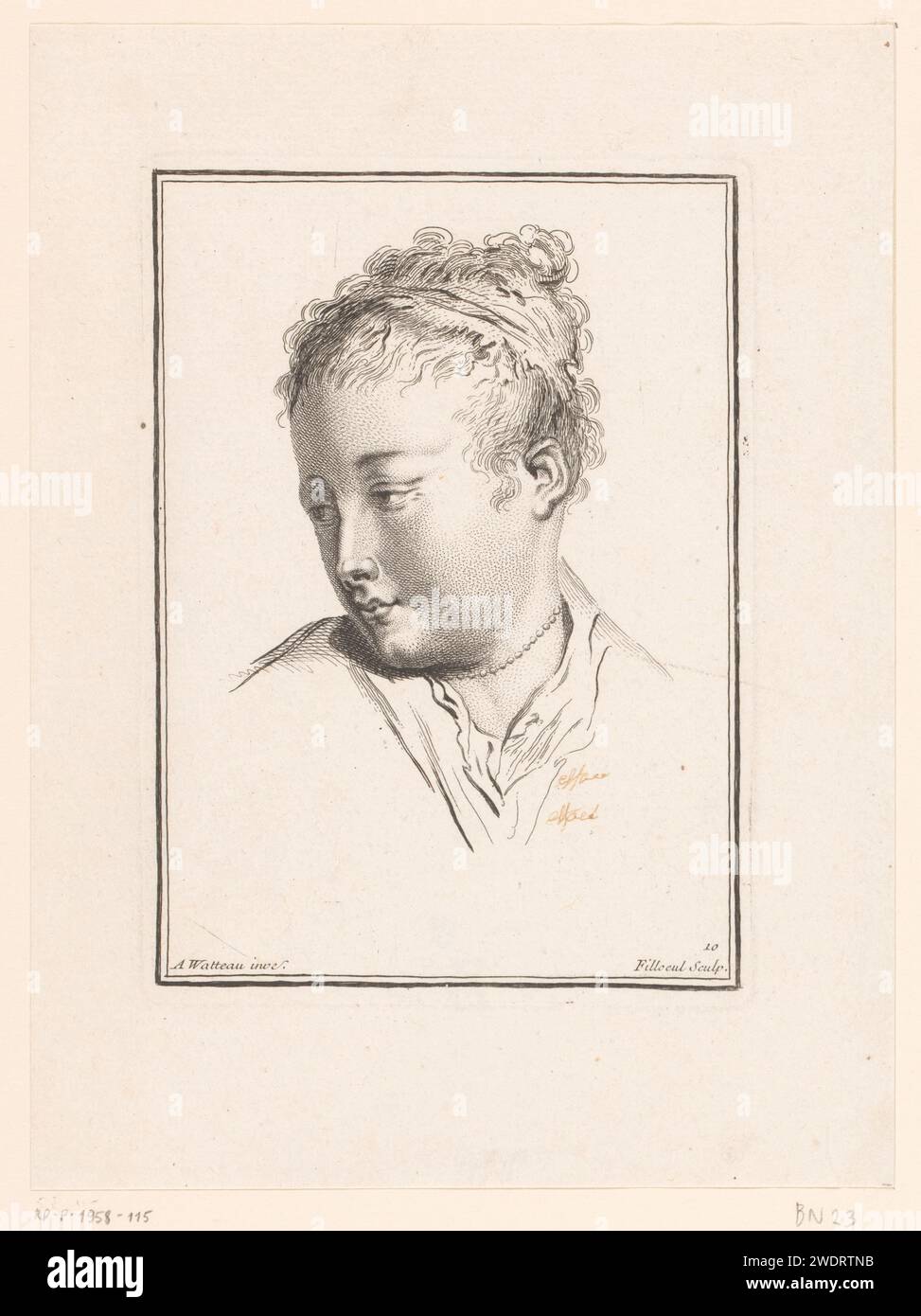 Portrait of an unknown woman, Pierre Filloeul, 1734 print Numbered in ...