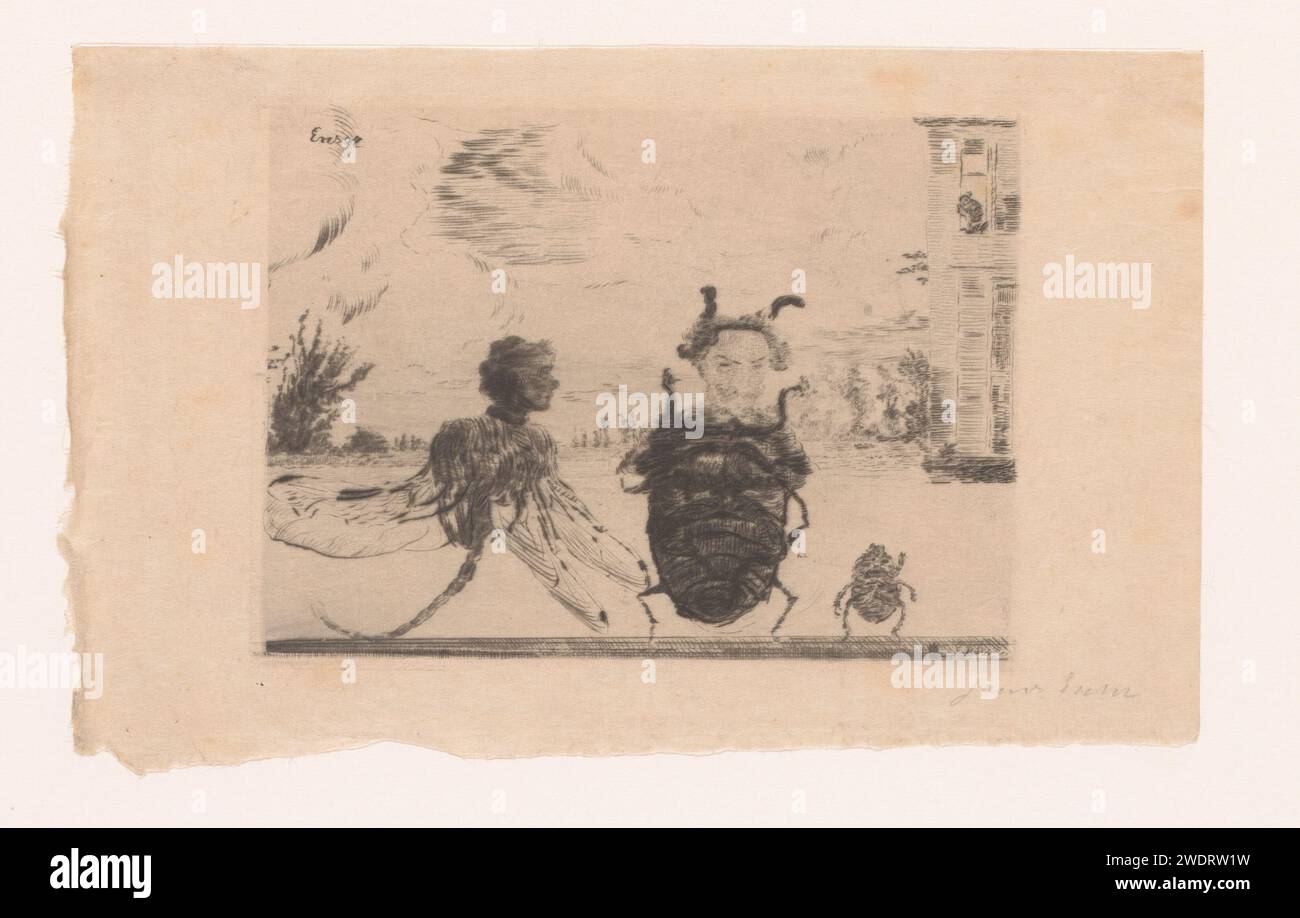Two insects with the head of James Ensor and a woman, James Ensor, 1888 ...