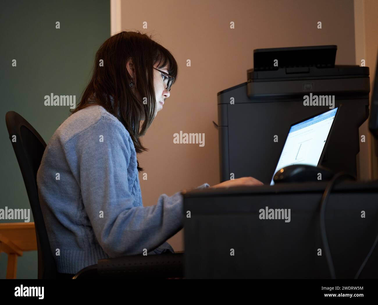 Software developer woman working on her laptop at her desk Stock Photo ...