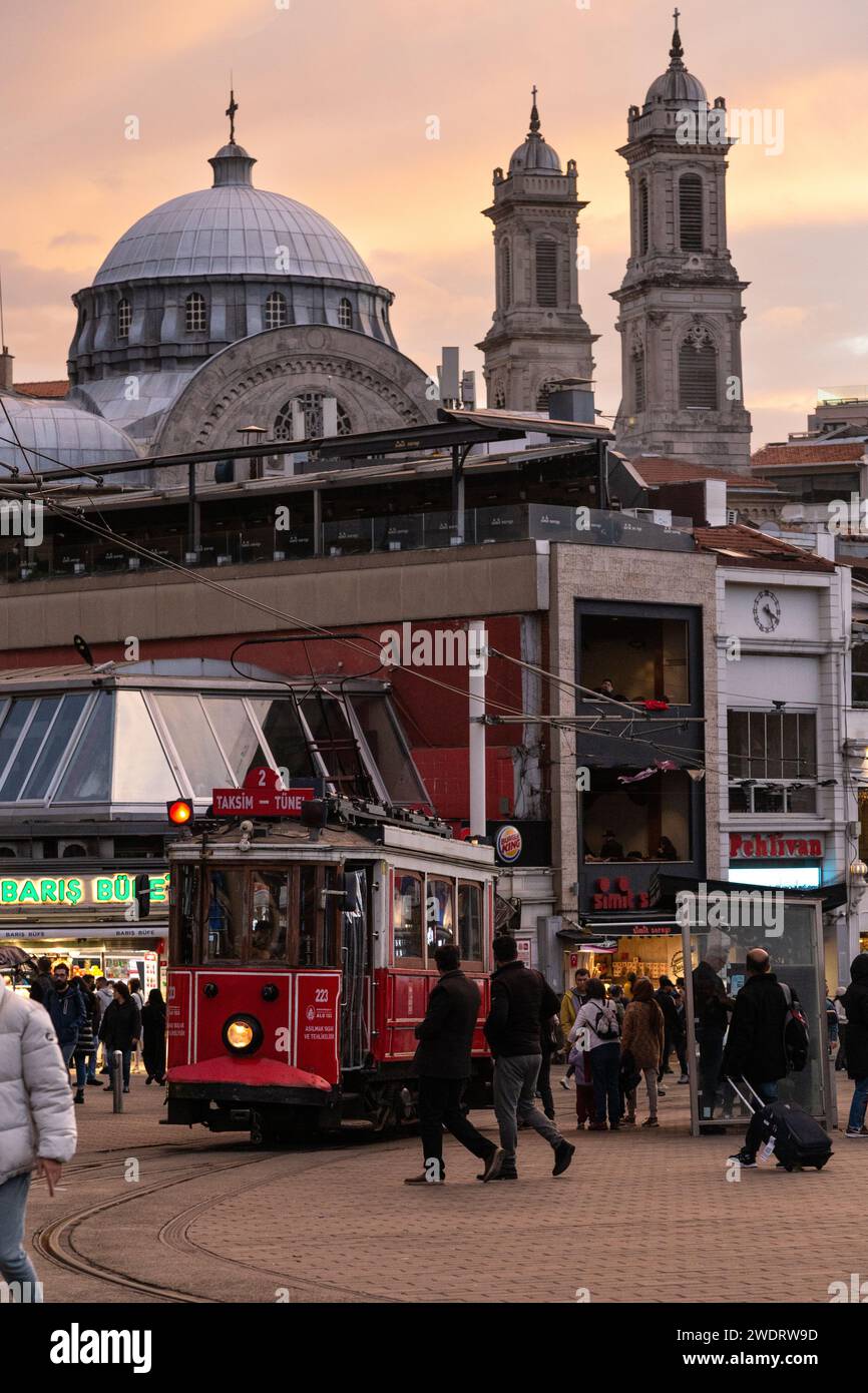 Old red tram at Taksim square during sunset, Istanbul Stock Photo - Alamy