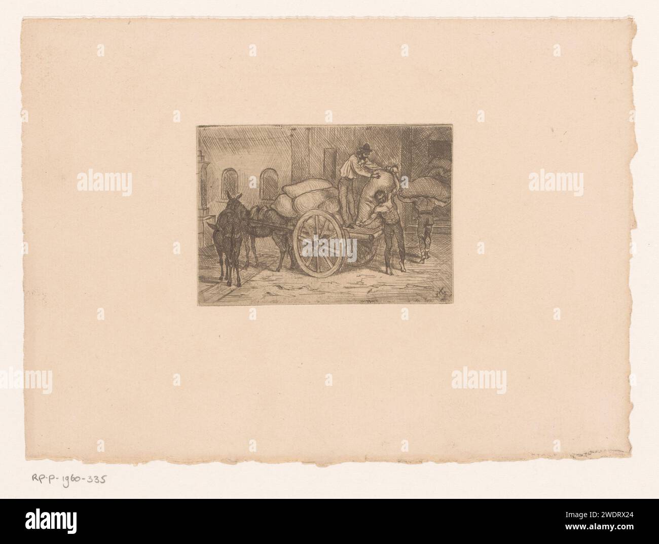 Men load down sink from a car pulled by mules, Xavier Mellery, 1855 ...