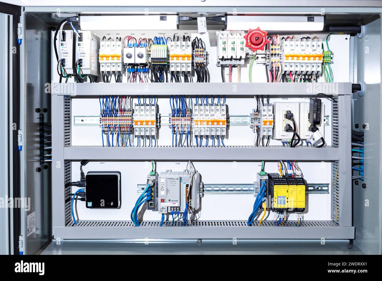 View inside electronics box exposed cables and inner workings Stock ...